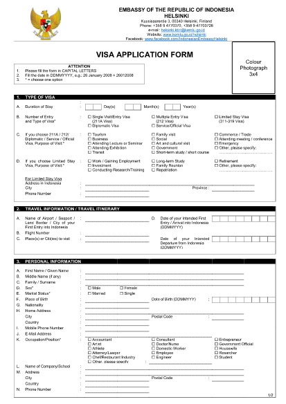 Visa Application Form Indonesia | Online Form Template